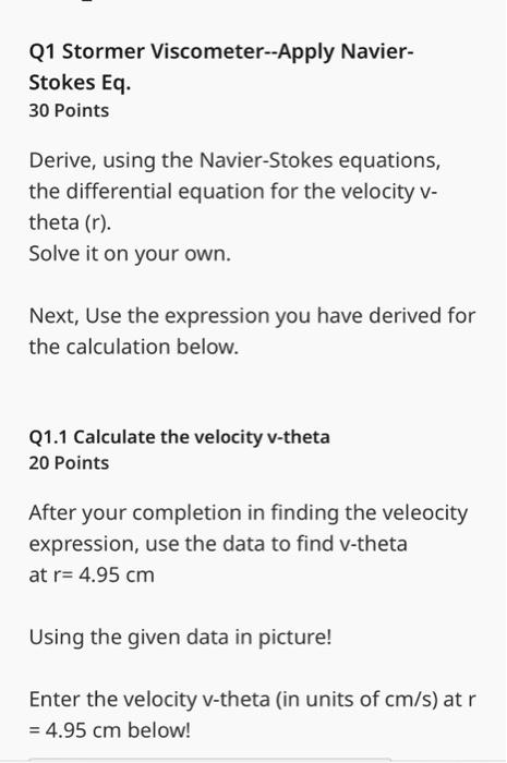 Solved Q1 Stormer Viscometer--Apply NavierStokes Eq. 30 | Chegg.com