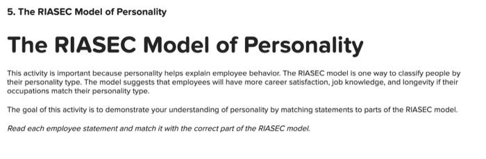 Solved 5. The RIASEC Model of Personality The RIASEC Model | Chegg.com