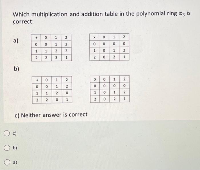 Solved Which multiplication and addition table in the | Chegg.com