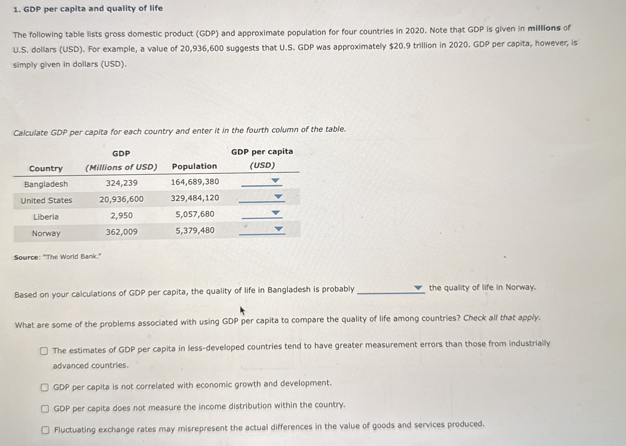 Solved GDP per capita and quality of lifeThe following table | Chegg.com