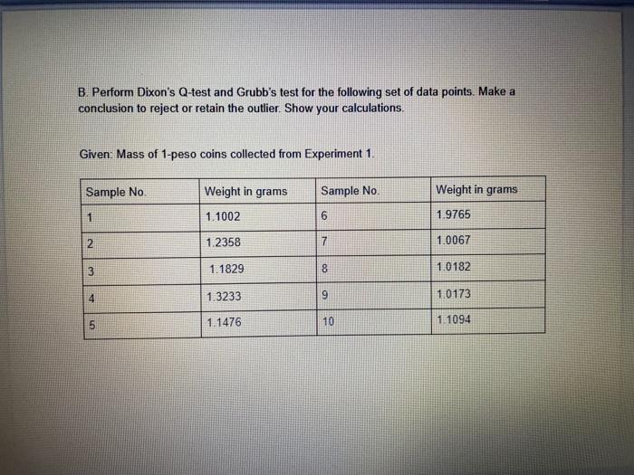 Solved B. Perform Dixon's Q-test and Grubb's test for the | Chegg.com