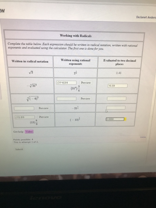 Solved IW DeJanet Anders Working with Radicals Complete the | Chegg.com