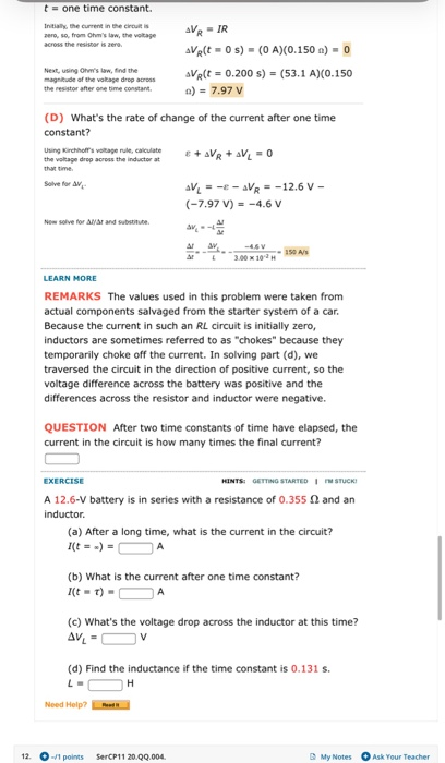 Solved t = one time constant. Inity, the current in the | Chegg.com