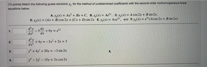 Solved (15 points) Match the following guess solutions yp | Chegg.com