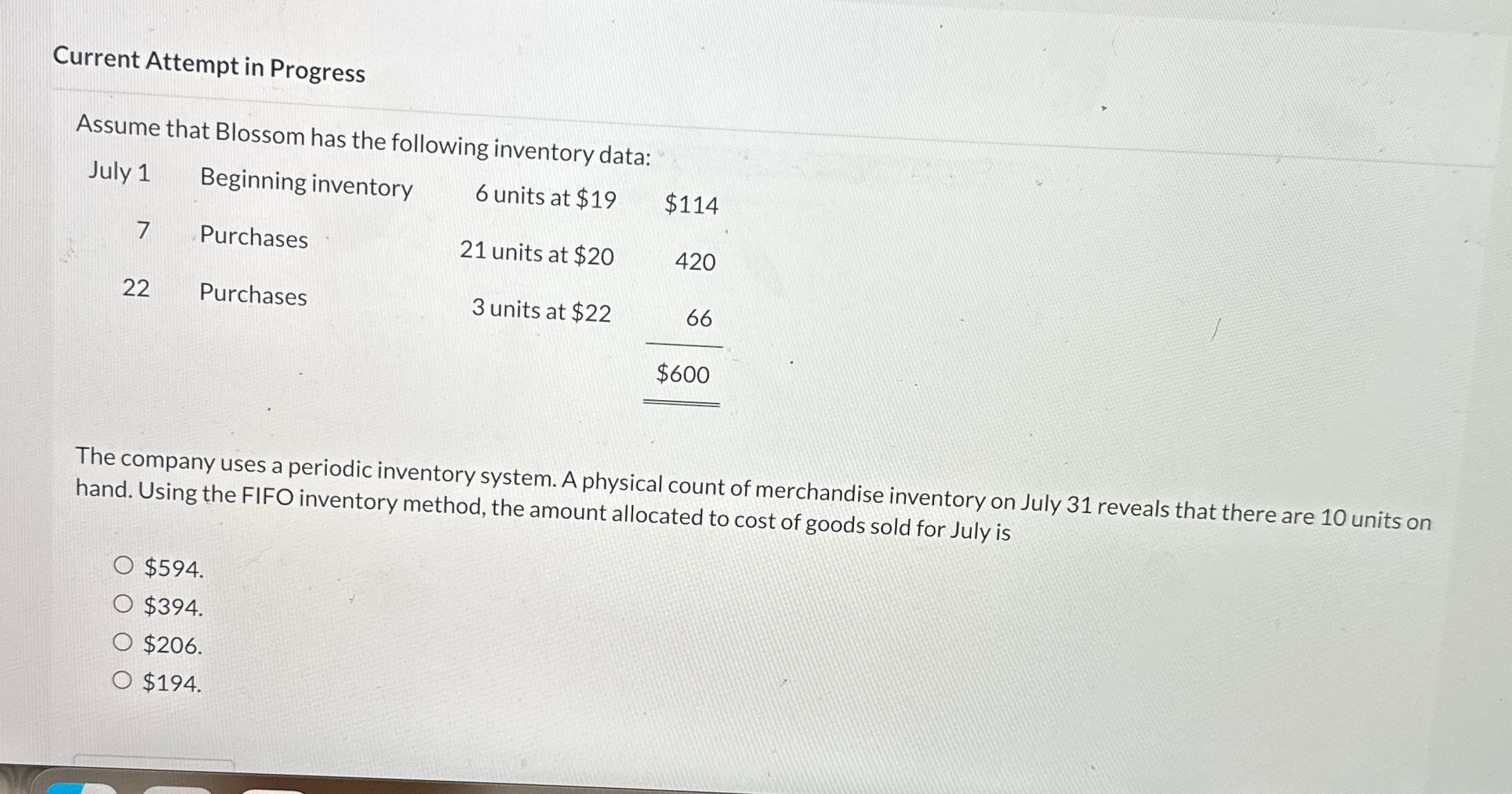 Solved Current Attempt in ProgressAssume that Blossom has | Chegg.com