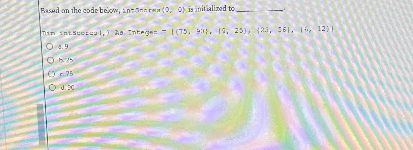 Solved Based on the code below, int scores(0,0) ﻿is | Chegg.com
