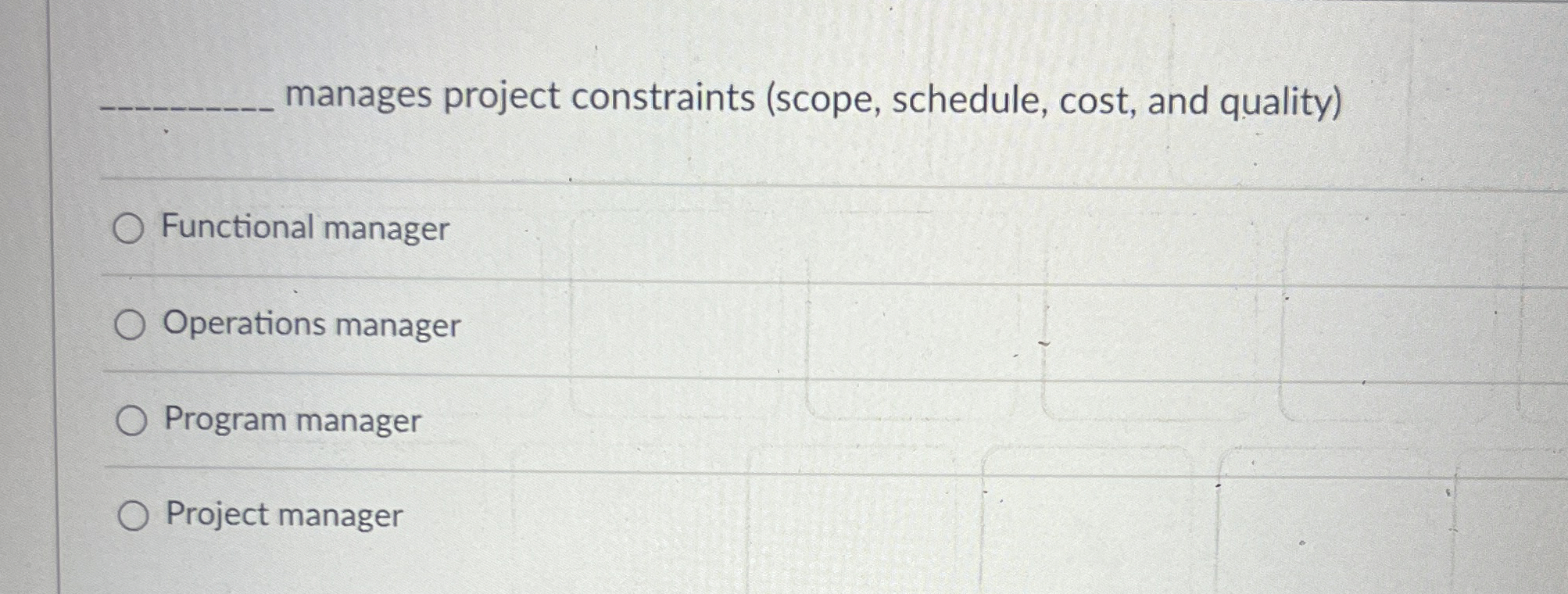 Solved manages project constraints (scope, ﻿schedule, cost, | Chegg.com