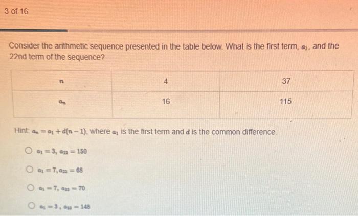 Solved 3 of 16 Consider the arithmetic sequence presented in | Chegg.com