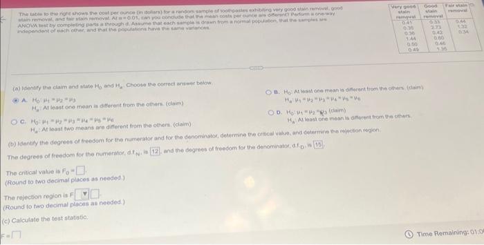 (d) Decide to reject or fail to reject the null | Chegg.com