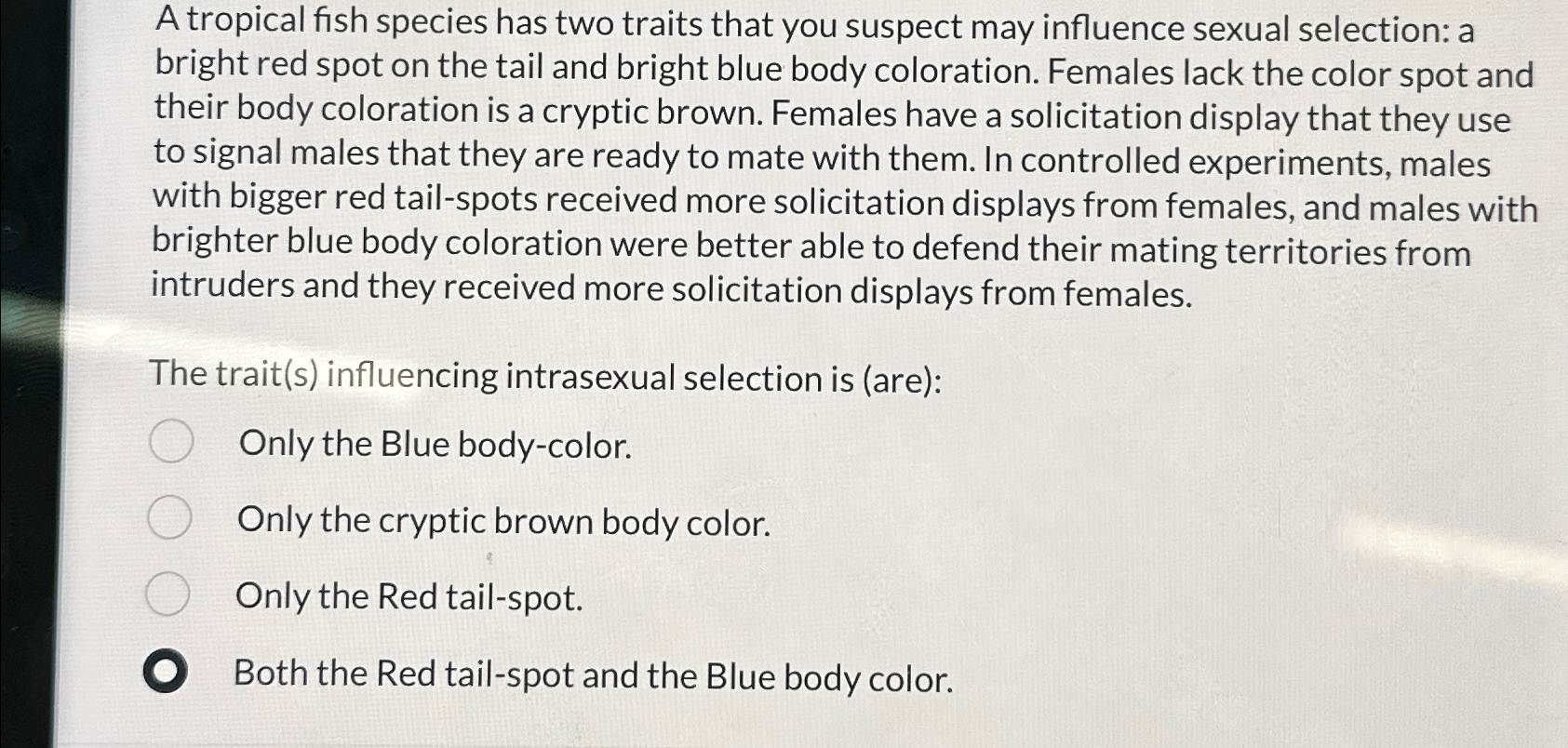 Solved A tropical fish species has two traits that you | Chegg.com