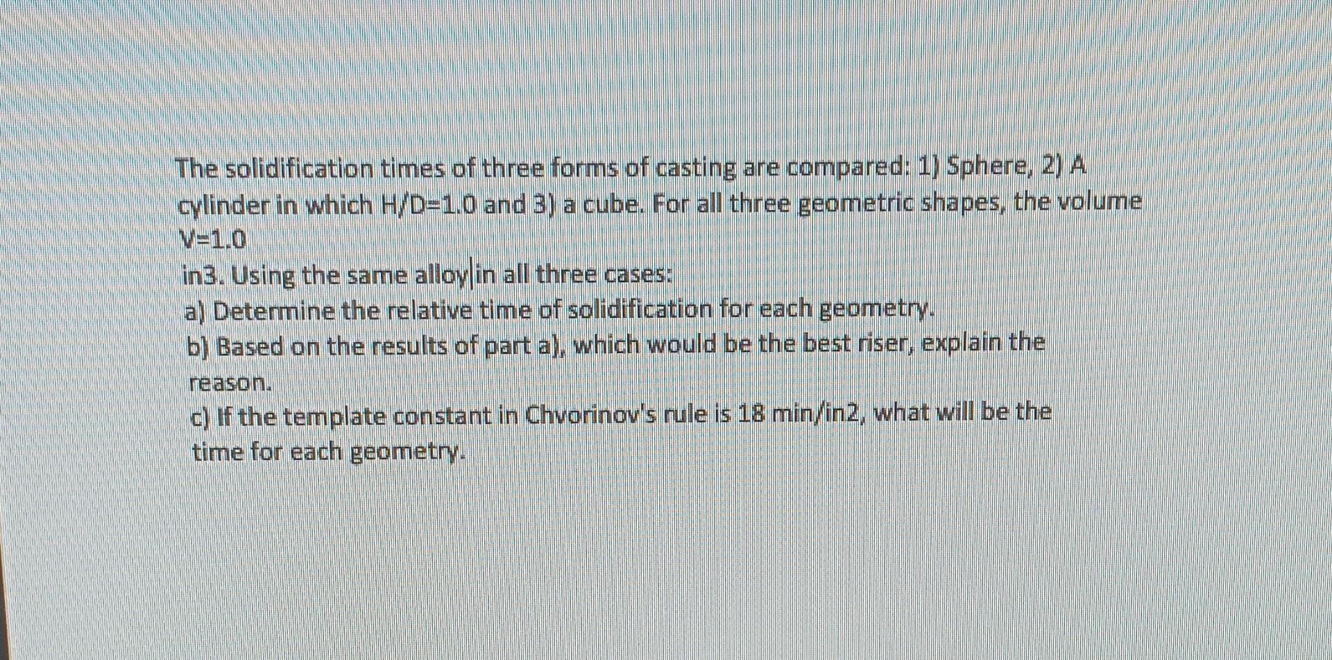 Solved The solidification times of three forms of casting | Chegg.com