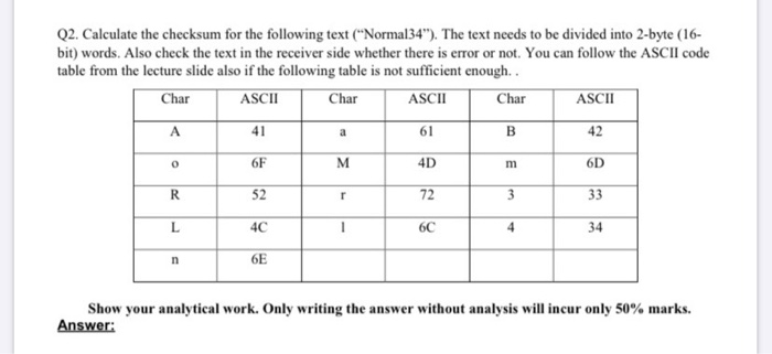 Solved Q2. Calculate the checksum for the following text | Chegg.com