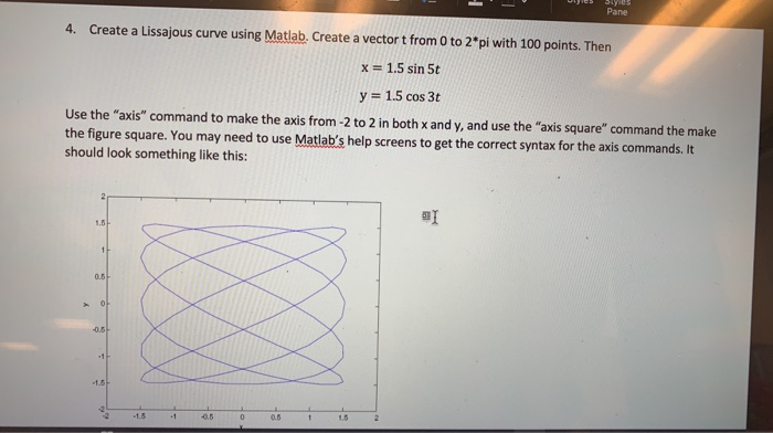 Solved Pane 4. Create a Lissajous curve using Matlab. Create | Chegg.com