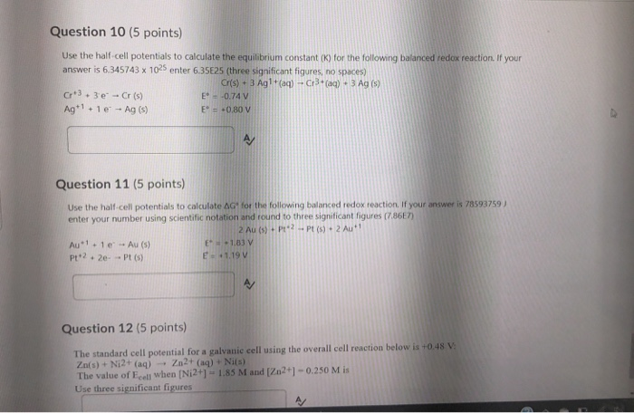 Solved Question 10 (5 points) Use the hall cell potentials | Chegg.com