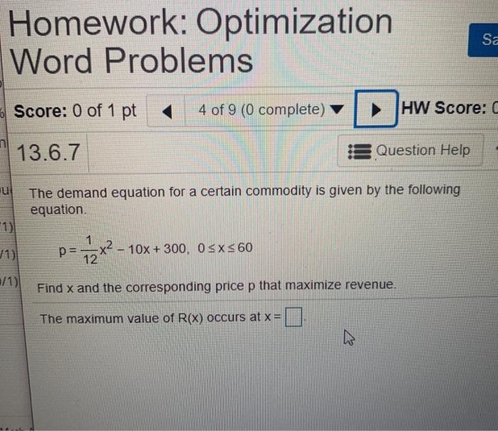 Solved Sa Homework: Optimization Word Problems (0 complete) | Chegg.com