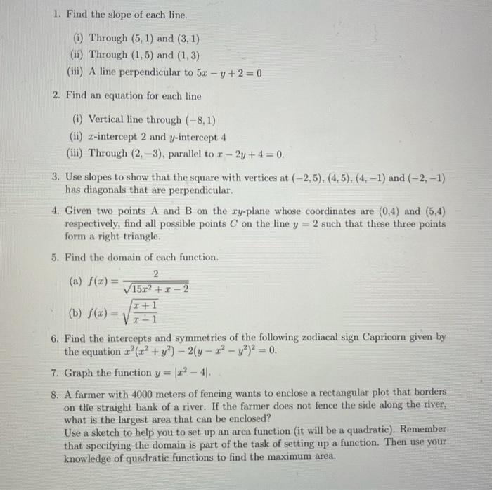 Solved 1. Find the slope of each line. (i) Through (5, 1) | Chegg.com