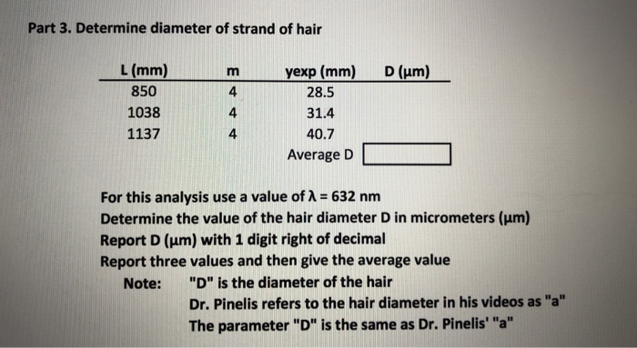 Solved Part 3. Determine diameter of strand of hair D(um) L | Chegg.com