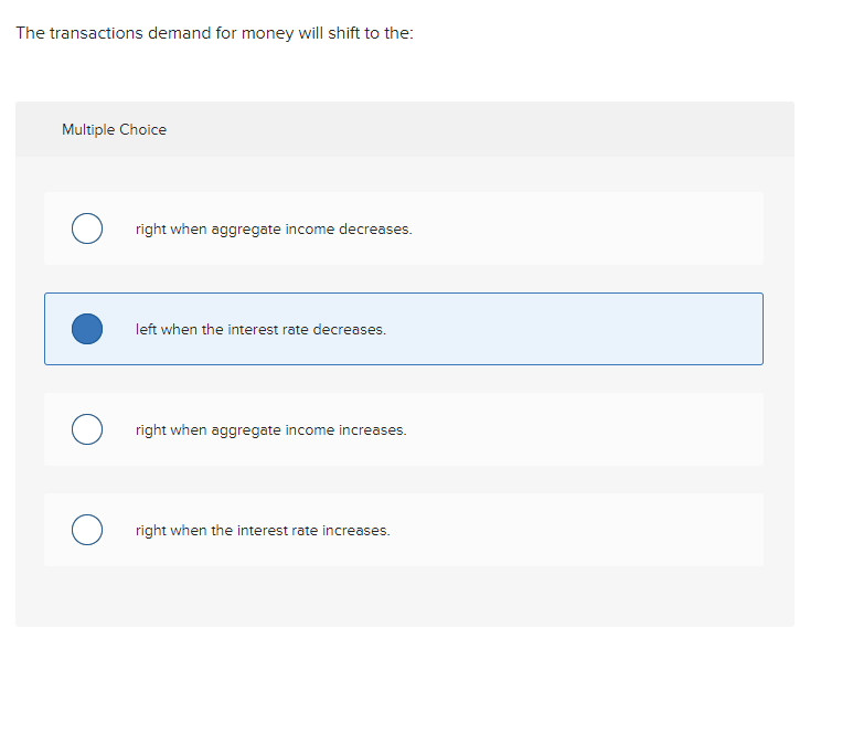 Solved The transactions demand for money will shift to | Chegg.com