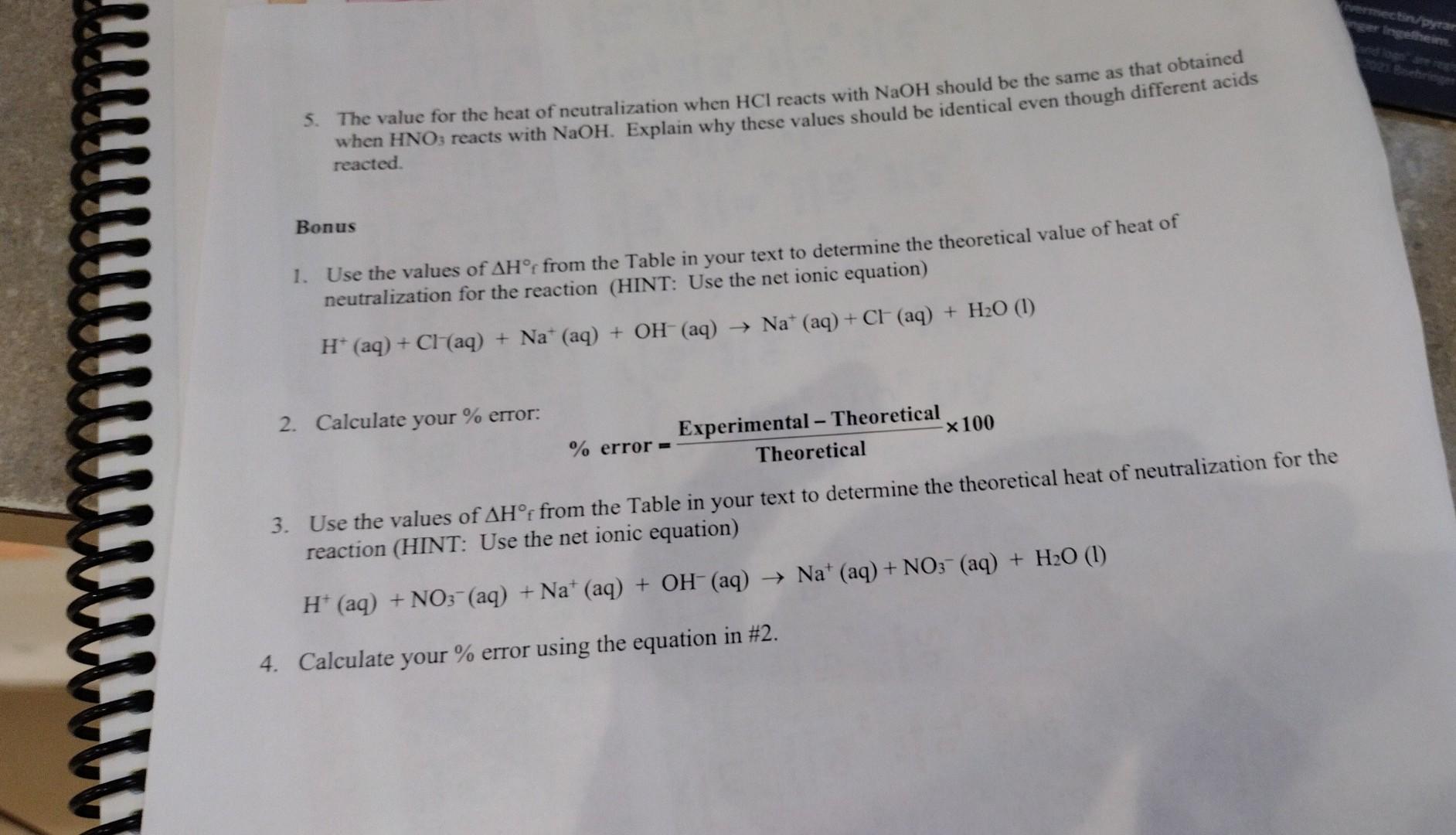 Solved 5. The value for the heat of neutralization when HCl | Chegg.com