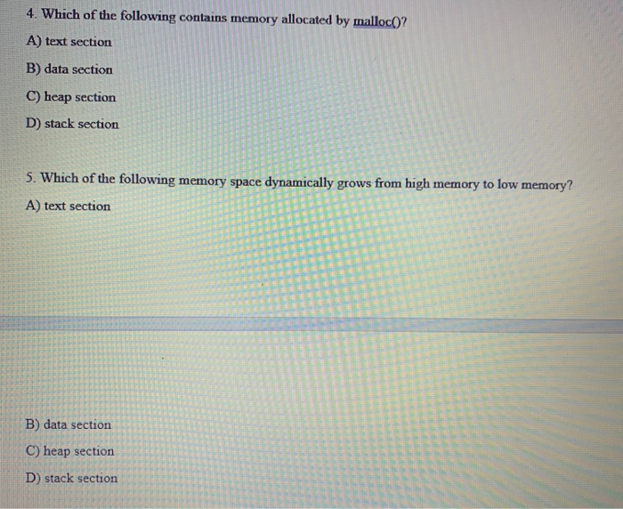 Solved 4. Which of the following contains memory allocated | Chegg.com