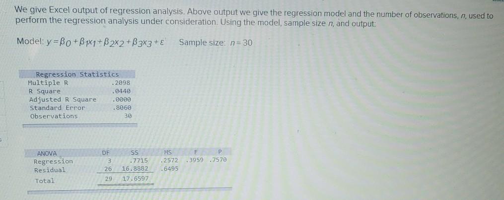 Solved We give Excel output of regression analysis. Above | Chegg.com