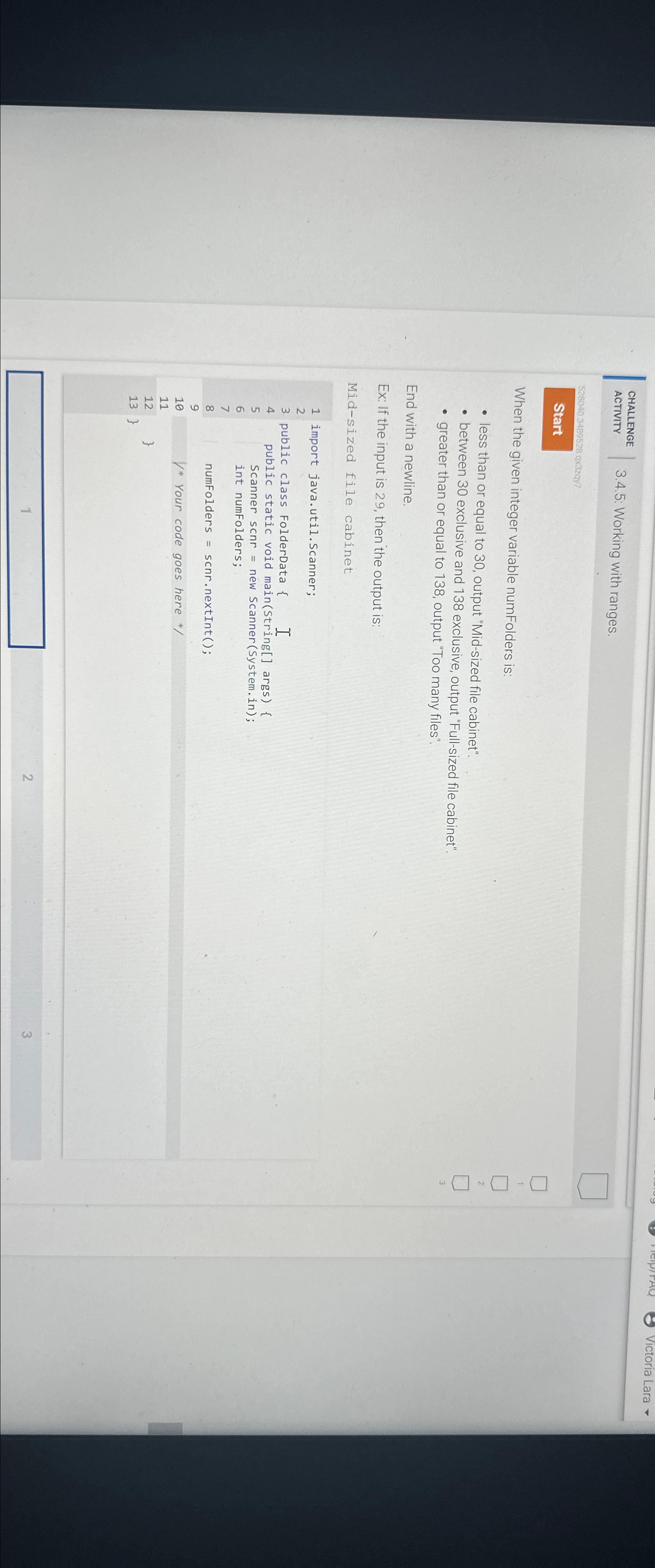 Solved CHALLENGEACTIVITY3.4.5: Working with ranges.StartWhen | Chegg.com
