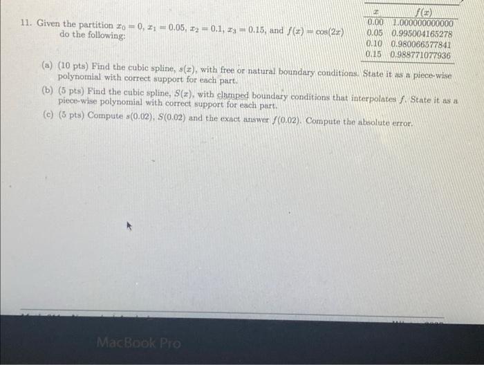 Solved 11. Given the partition 20 = 0,21 -0.05, 12 = 0.1, 13 | Chegg.com