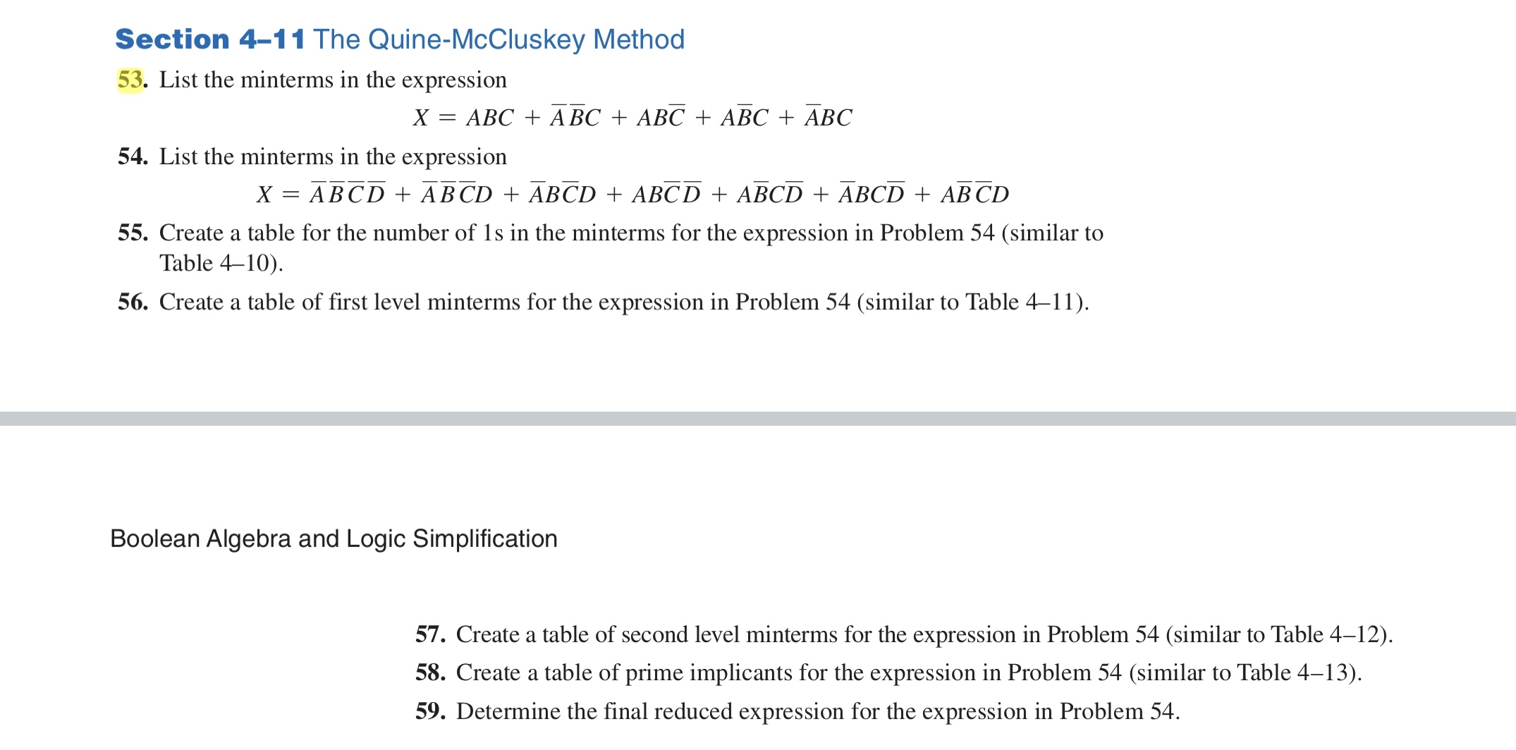 Section 4-11 ﻿The Quine-McCluskey Method53. ﻿List the | Chegg.com