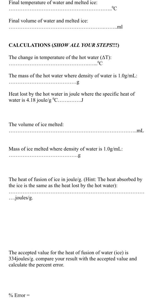 Solved Chem 101 Experiment2: Heat of Fusion for Ice Purpose: | Chegg.com