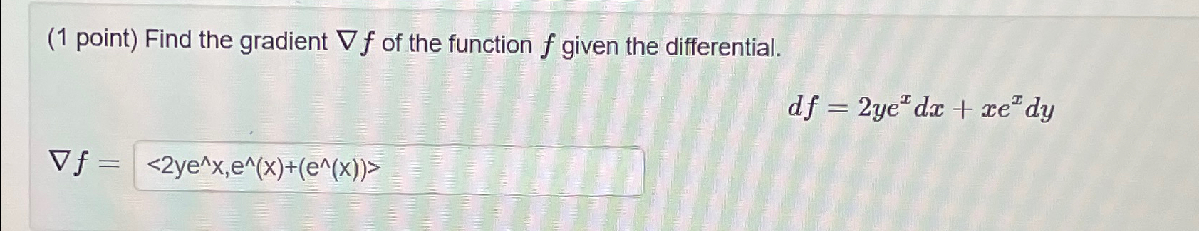 Solved (1 ﻿point) ﻿Find the gradient gradf of the function f | Chegg.com