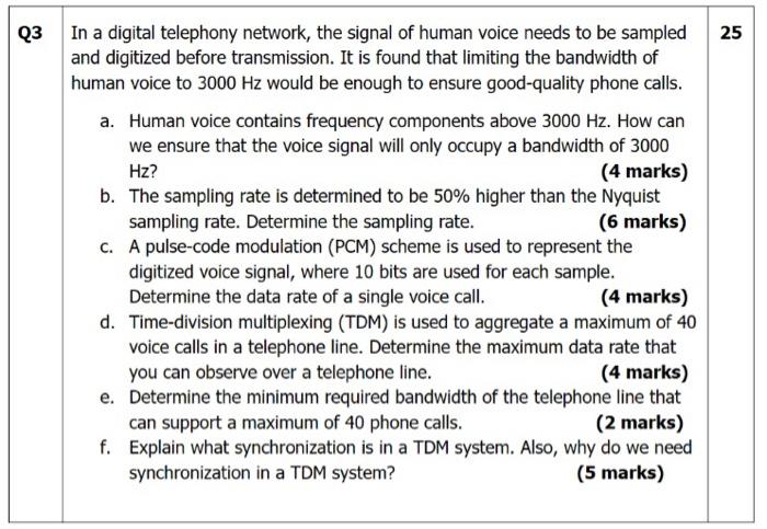 Solved In a digital telephony network, the signal of human | Chegg.com