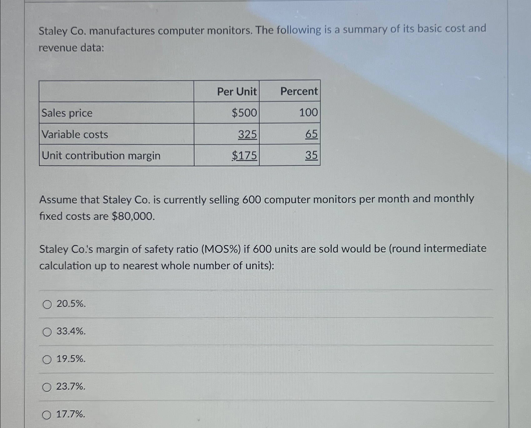 Solved Staley Co. ﻿manufactures computer monitors. The | Chegg.com