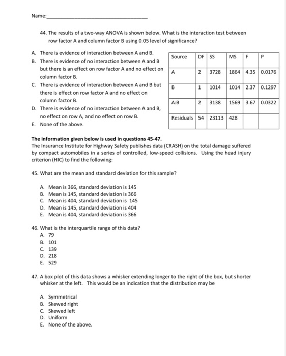 Solved Name: 44. The results of a two-way ANOVA is shown | Chegg.com