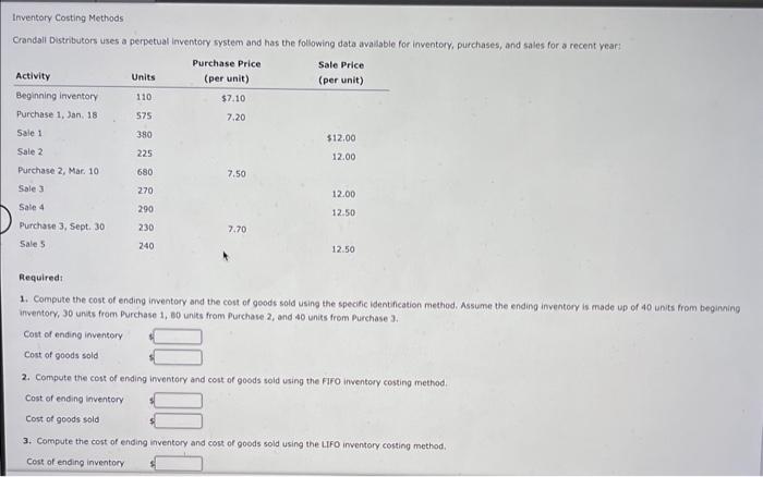 Solved Inventory Costing Methods Crandall Distributors uses | Chegg.com