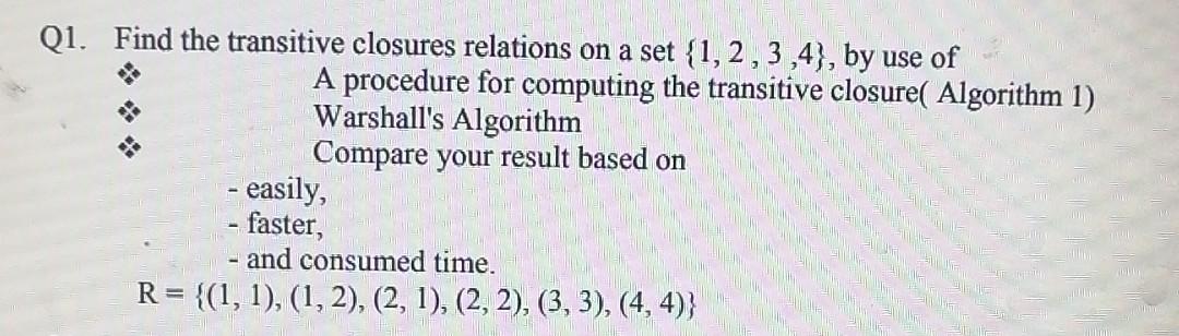 Solved + Q1. Find the transitive closures relations on a set | Chegg.com