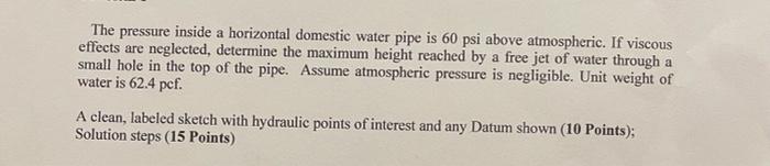 Solved The pressure inside a horizontal domestic water pipe | Chegg.com