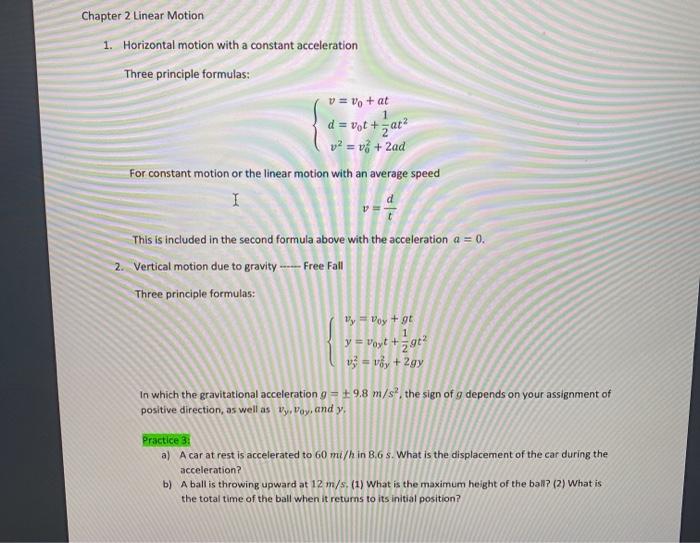 Solved Chapter 2 Linear Motion 1. Horizontal motion with a | Chegg.com