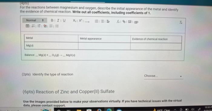 Solved reaction of magnesium and oxygen. for the reaction | Chegg.com