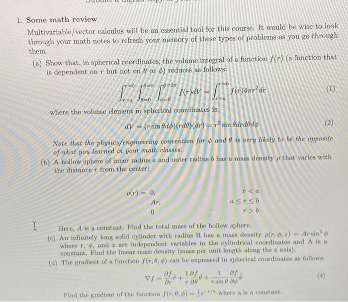Solved 1 Some Math Review Multivariable Vector Calculus