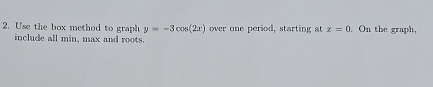 Solved Use the box method to graph y=-3cos(2x) ﻿over one | Chegg.com