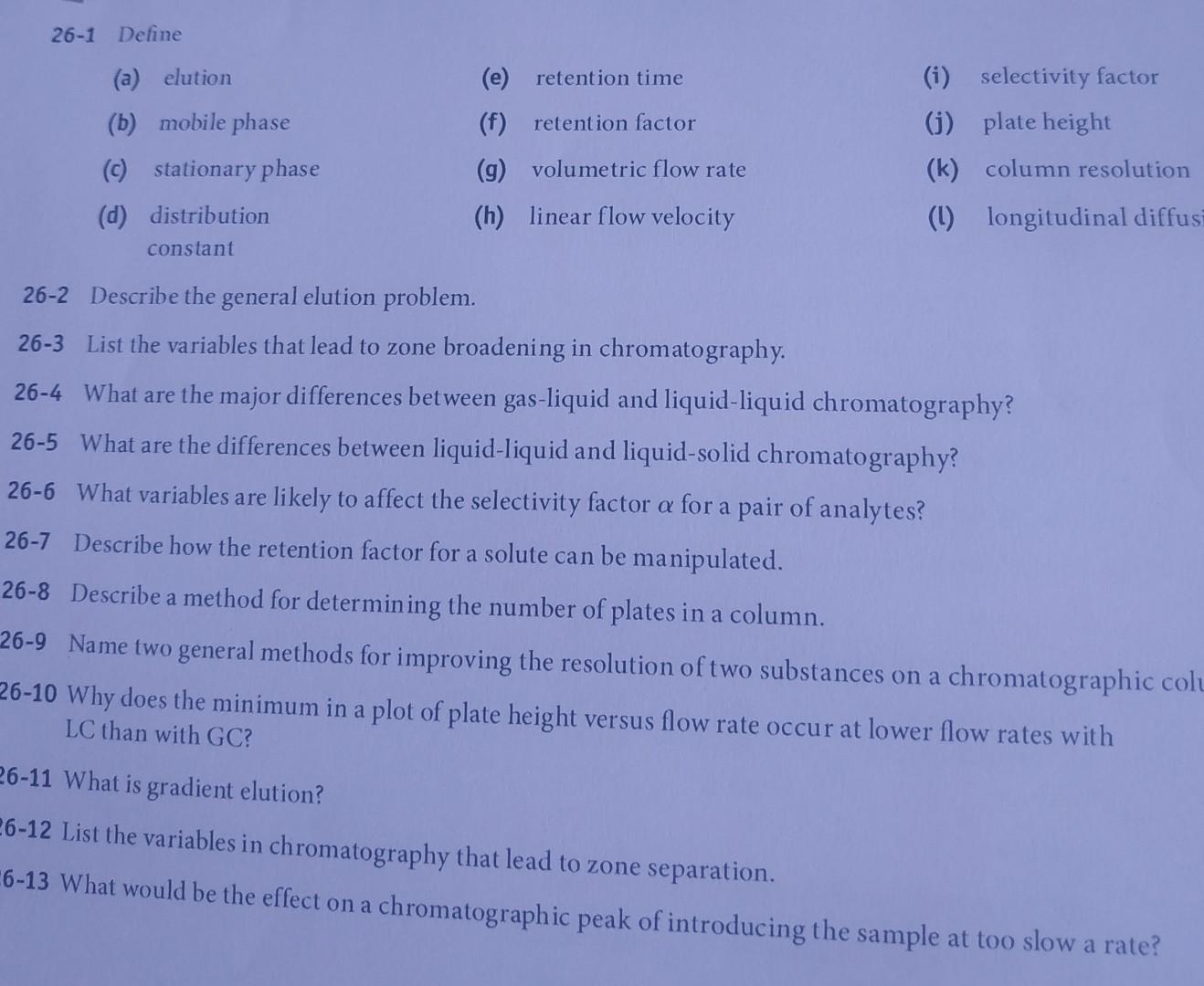 Solved 26-1 Define (a) elution (e) retention time (f) | Chegg.com