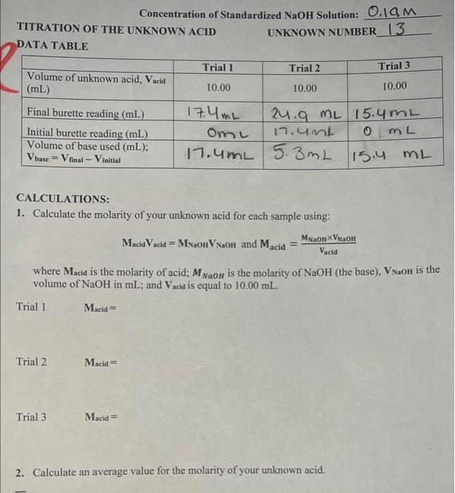 Solved Concentration of Standardized NaOH Solution: 0.1MM | Chegg.com
