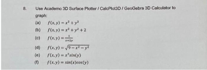 Solved 8. Use Academo 3D Surface Plotter/CalcPlot3D/GeoGebra | Chegg.com