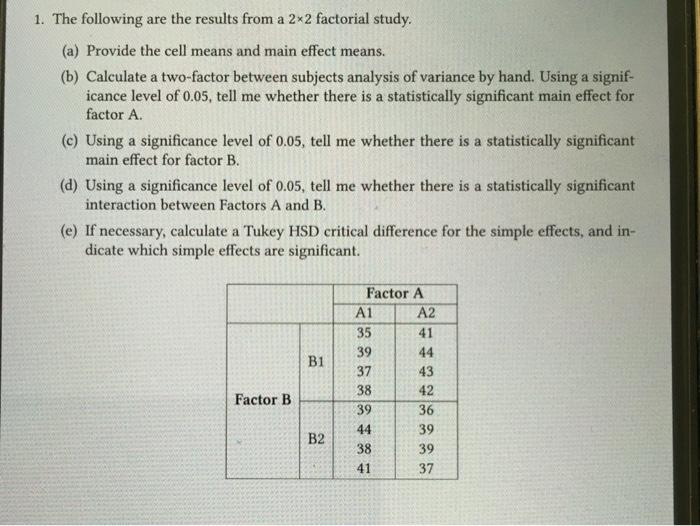 Solved 1. The following are the results from a 2×2 factorial | Chegg.com