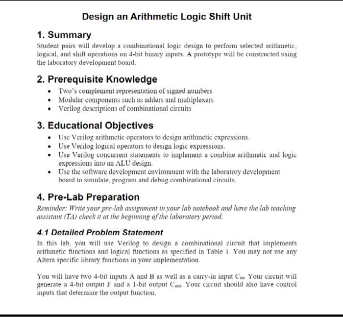 Solved Table 1. Functions of Arithmetic Logic Shift Unit. S3 | Chegg.com