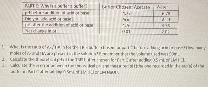 Solved What is the ratio of A-/ HA in for the TRIS buffer | Chegg.com