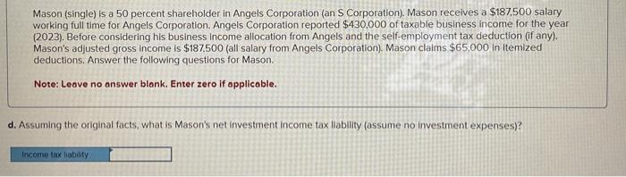 Solved Mason (single) is a 50 percent shareholder in Angels | Chegg.com
