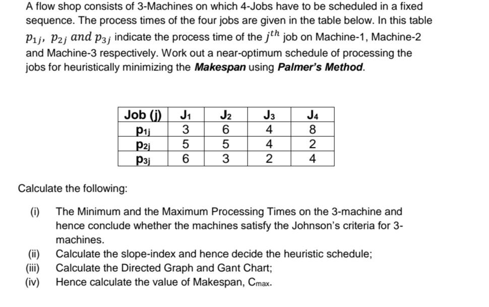 Solved A flow shop consists of 3-Machines on which 4-Jobs | Chegg.com