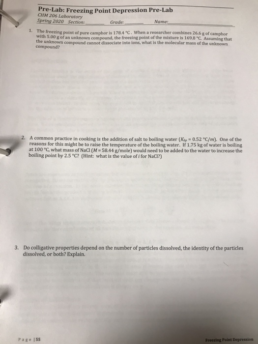 Solved Pre-Lab: Freezing Point Depression Pre-Lab CHM 206 | Chegg.com
