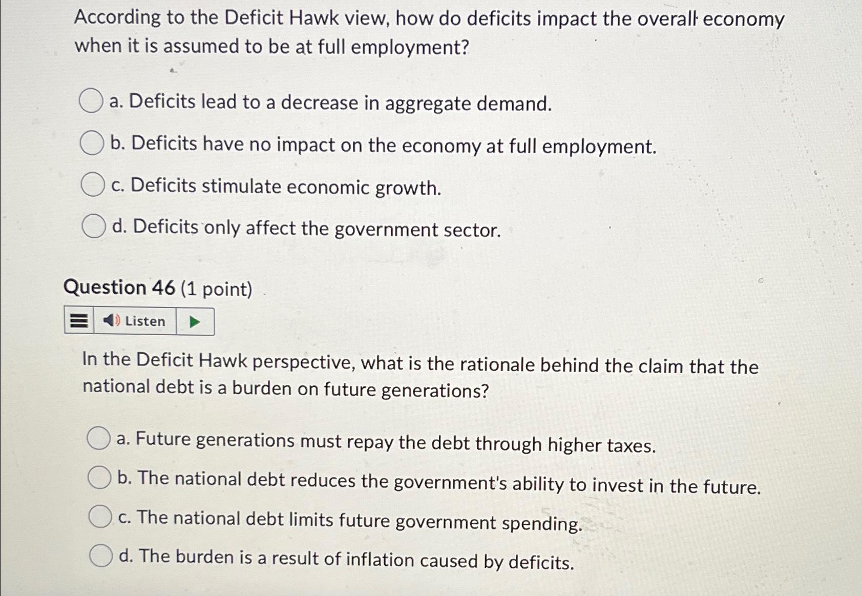 Solved According to the Deficit Hawk view, how do deficits | Chegg.com